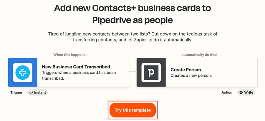 Zapier: creating a new person in Pipedrive from a business card in Contacts+ - Knowledge Base ...